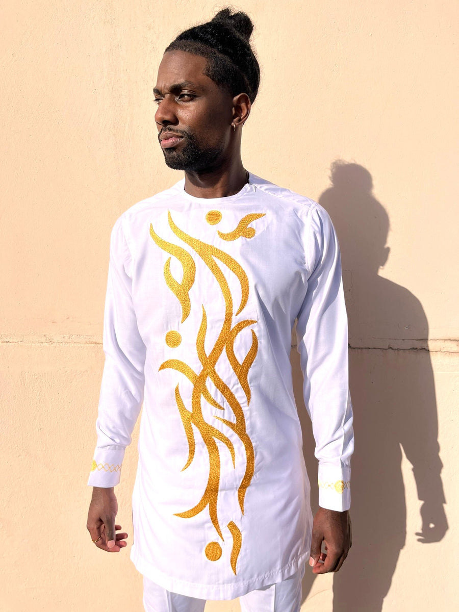 White and Gold Embroidery Long-Sleeve Senator Suit – Yoma Fashion Boutique